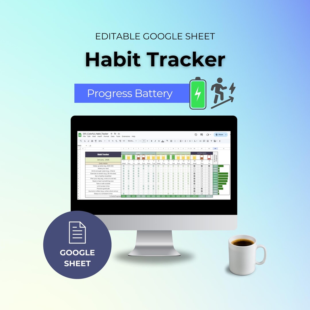 Colorful Habit Tracker Google Sheets, Daily Progress Checklist, Routine ...