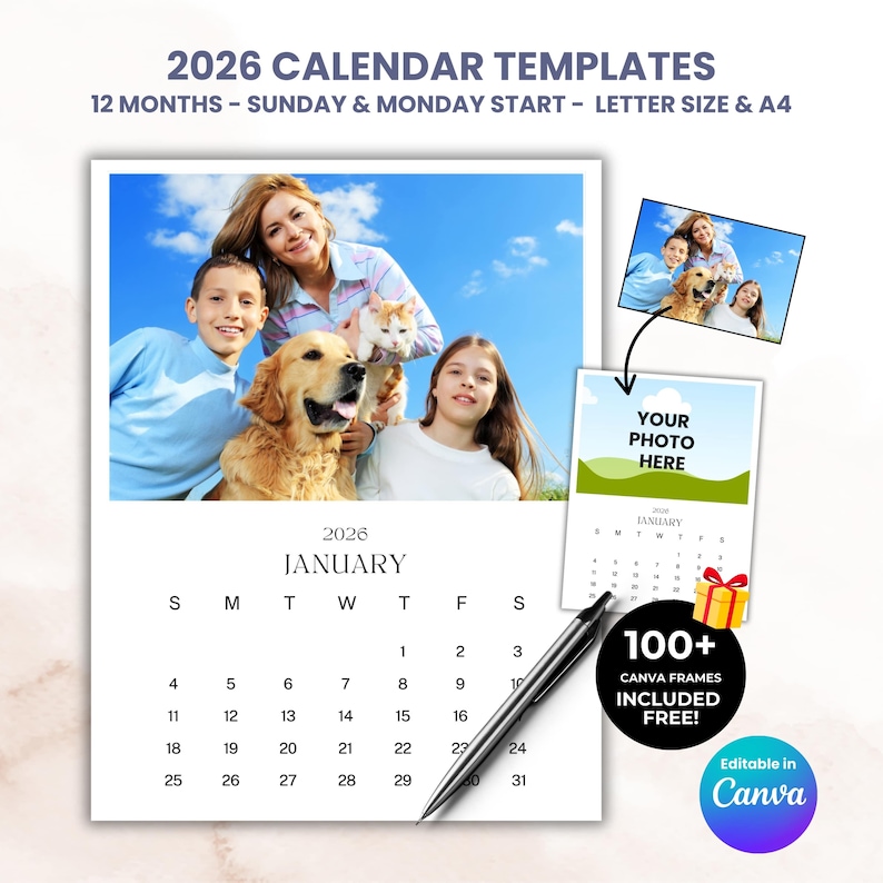 Wall Calendar 2026 Photo Template: Canva Editable, Monthly Planner ...