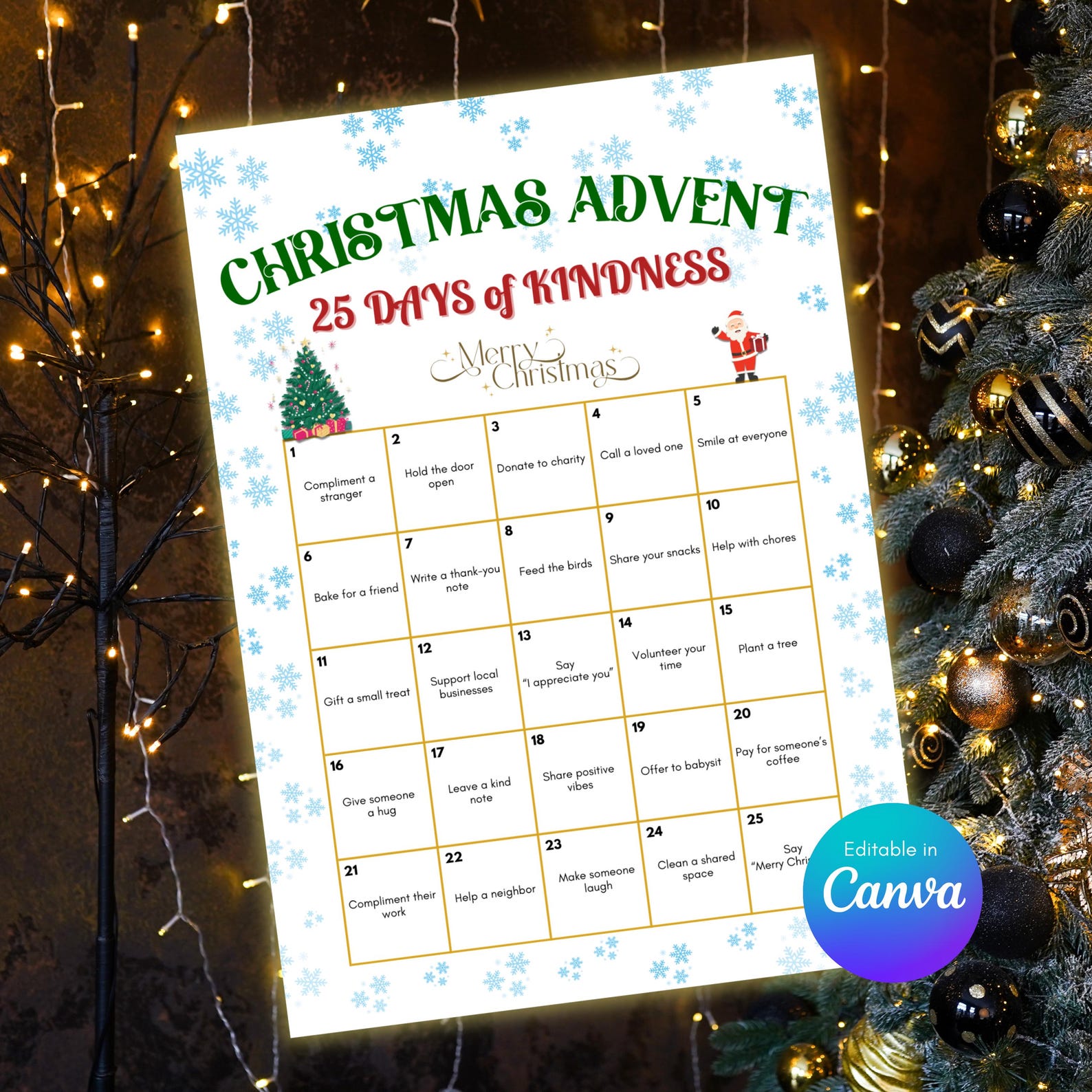 Editable 25 Days of Kindness Calendar, December 2024 Printable ...