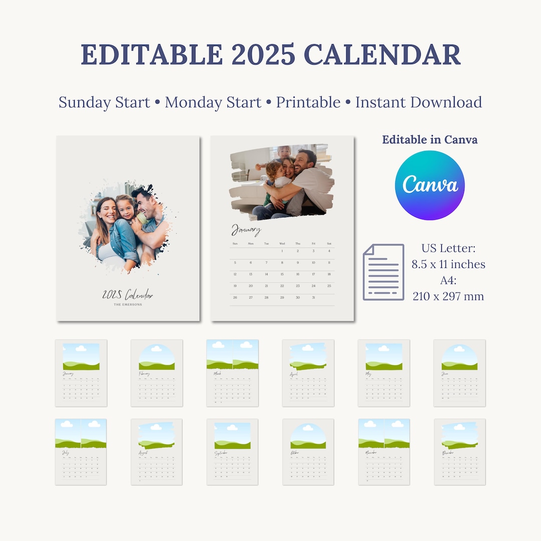 Editable 2025 Calendar Templates, Custom Canva 2025 Calendar, Month at ...