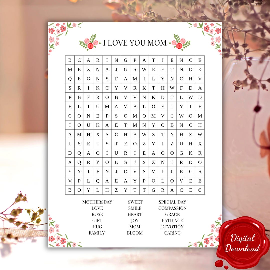 Word Search Puzzle for Mom • Printable Game Mothers Day • Minimalist ...