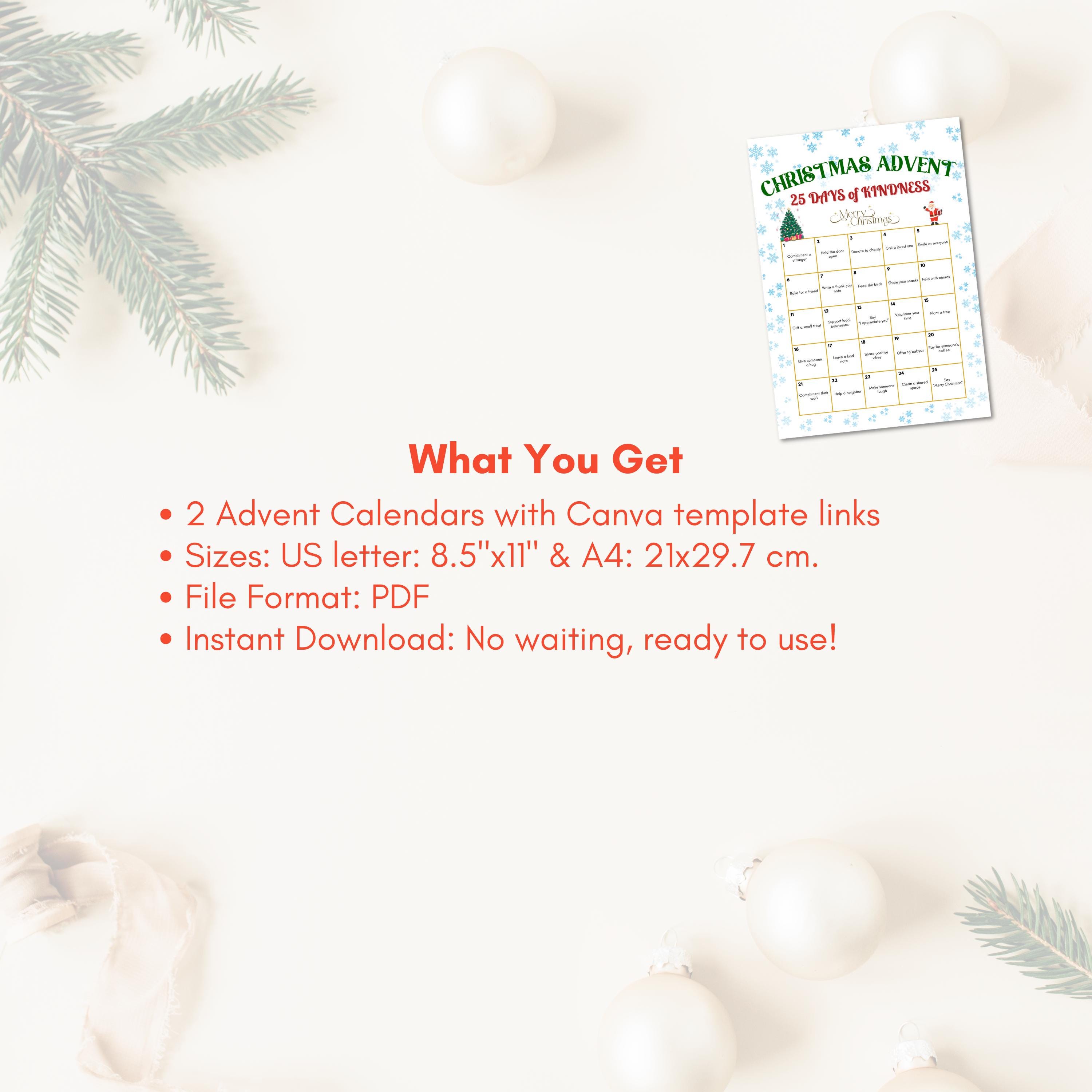 25 Days of Kindness Calendar, Printable Christmas Advent Calendar ...