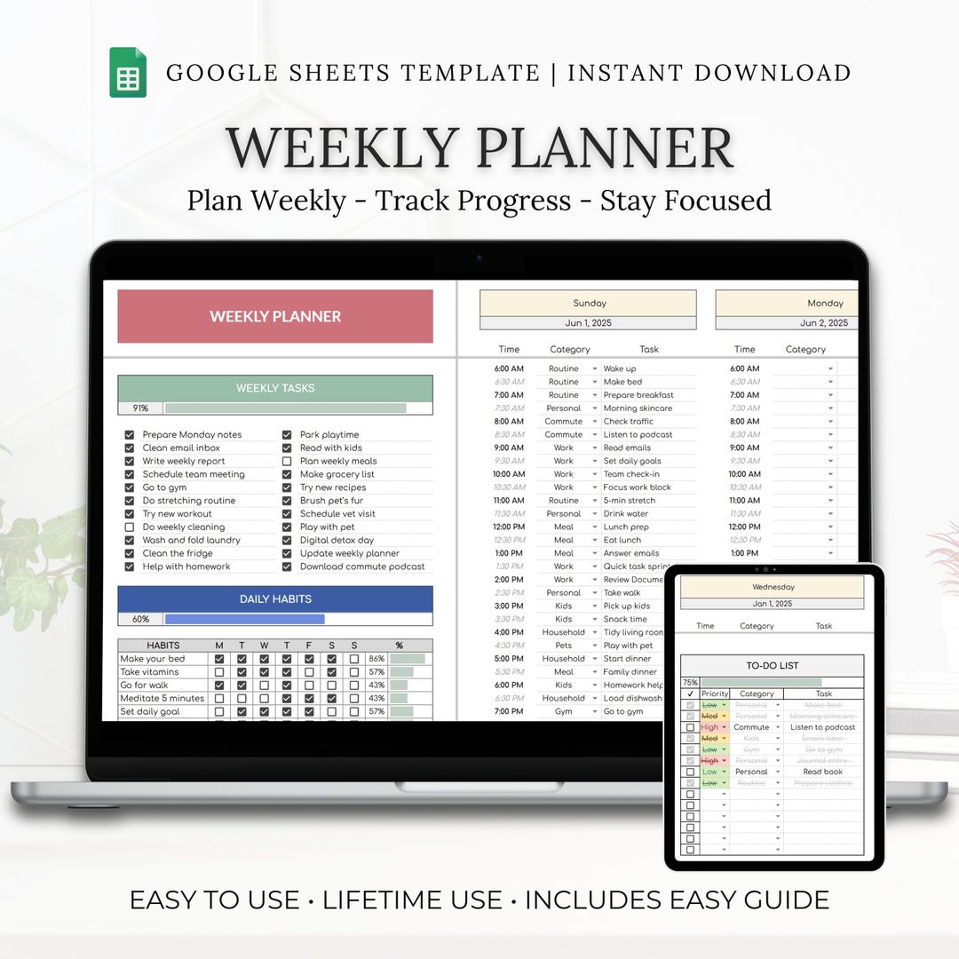 Weekly Planner Google Sheets Template: Habit Tracker & Progress Bars ...