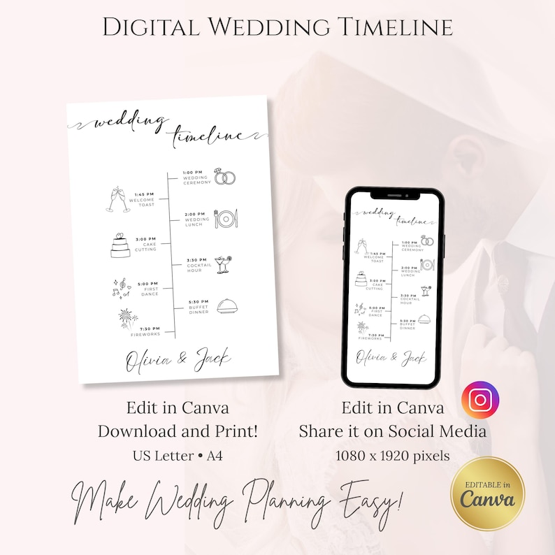 Editable Wedding Timeline Template: Canva Schedule, Printable Itinerary ...