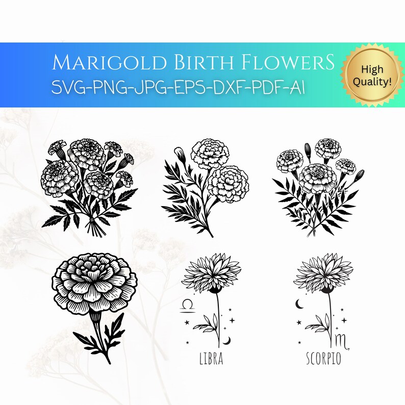 Marigold SVG Bundle, Birth Flower Bouquet With Zodiac Sign, Marigold ...