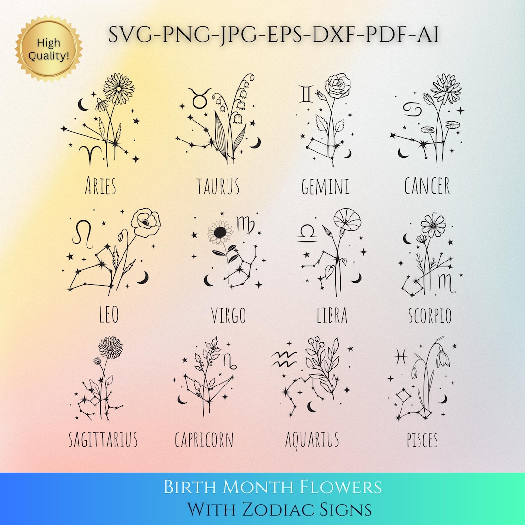 Birth Flower Zodiac Sign Svg Bundle: 12 Months Birth Month Flowers ...