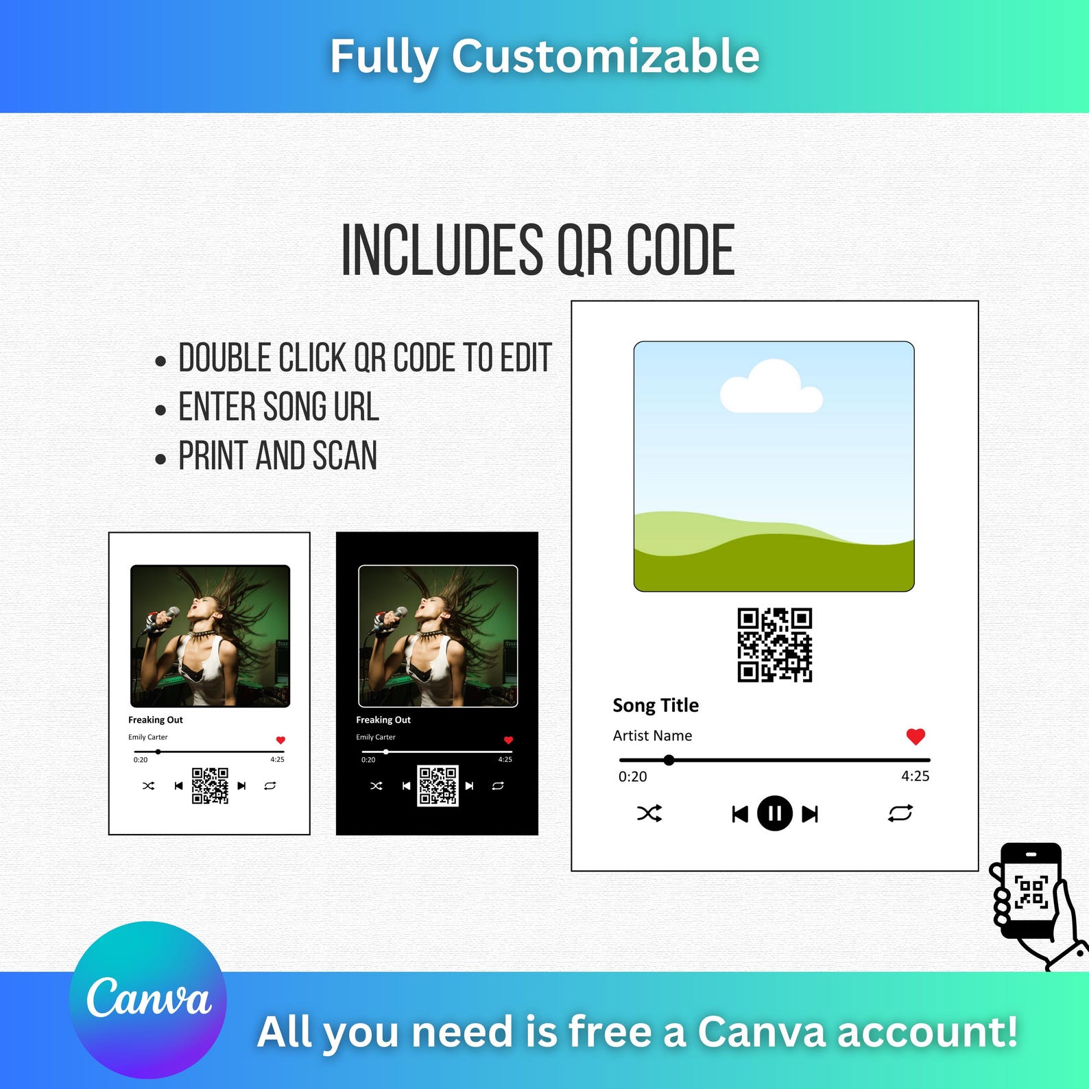 Music Player Template Bundle: QR Code Sign, Canva Editable, Song Player ...