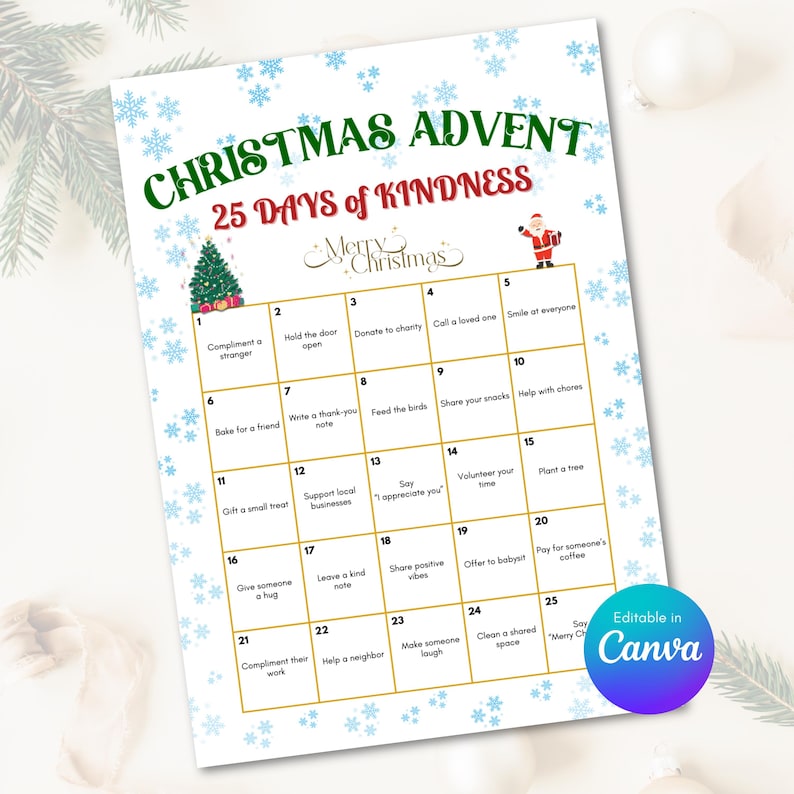 25 Days of Kindness Calendar, Printable Christmas Advent Calendar ...
