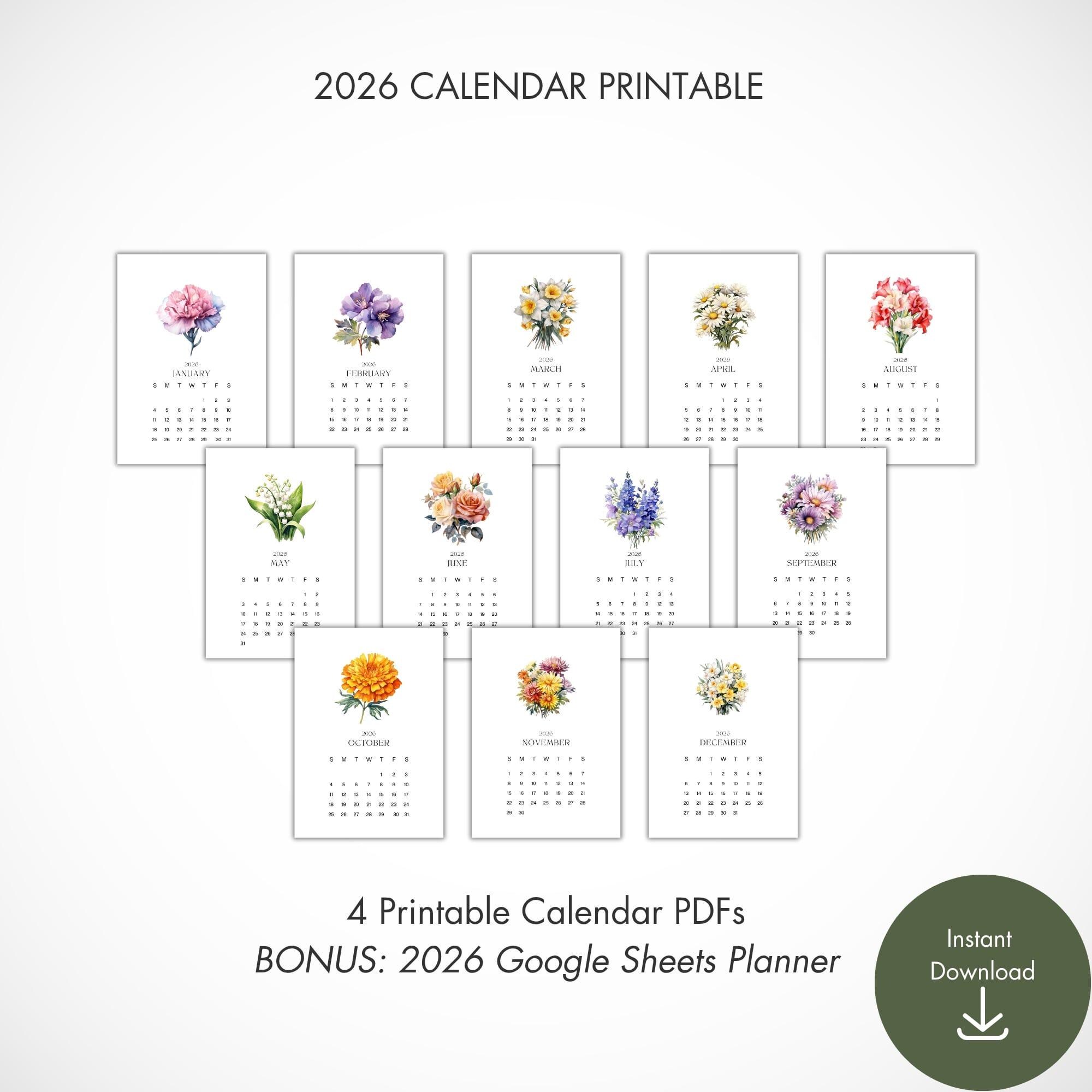 2026 Birth Flower Calendar Printables: Watercolor Floral Design (a4 ...