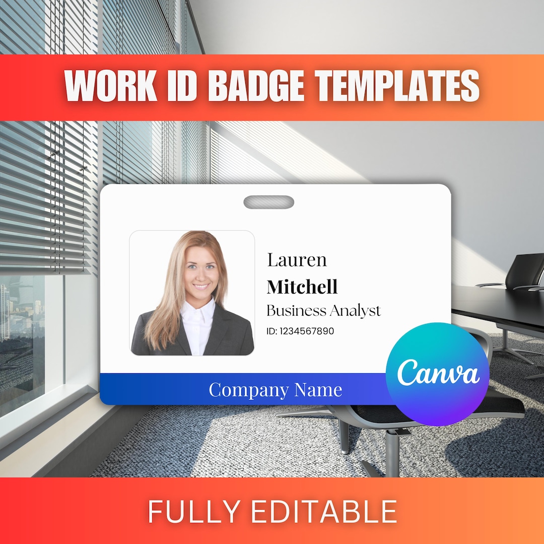 Editable Employee ID Card Templates: Photo Work Badge (canva Digital ...