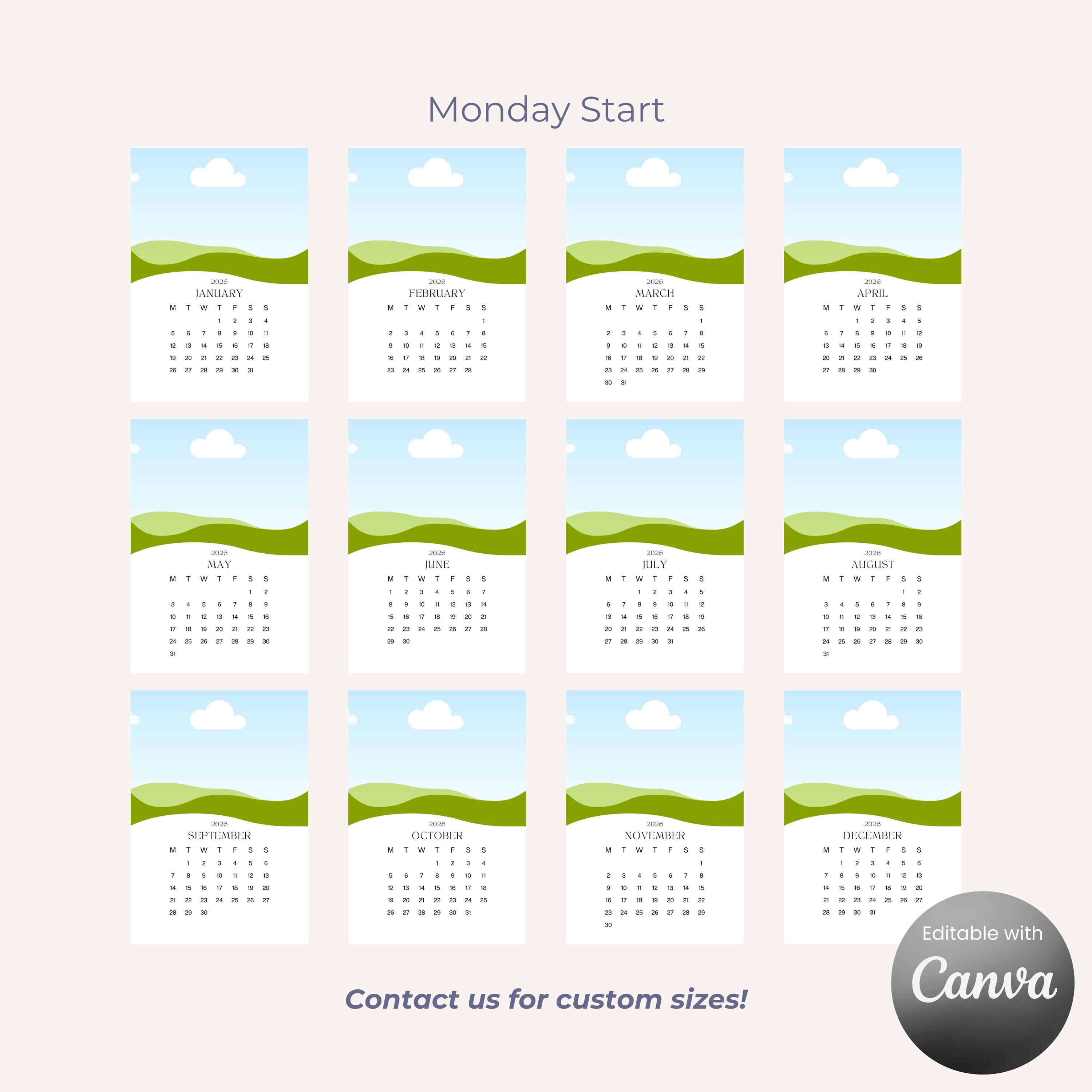 2026 Calendar Editable Template, Month at a Glance Photo Calendar, 3 ...