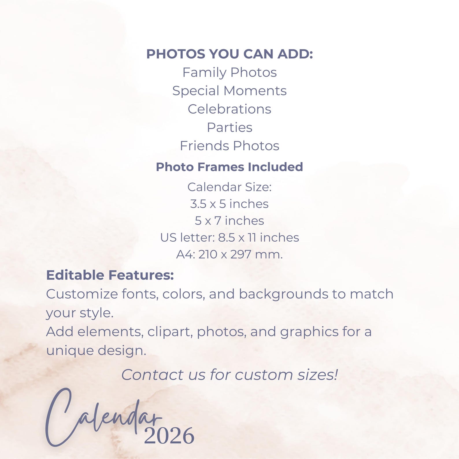 2026 Calendar Editable Template, Month at a Glance Photo Calendar, 3 ...