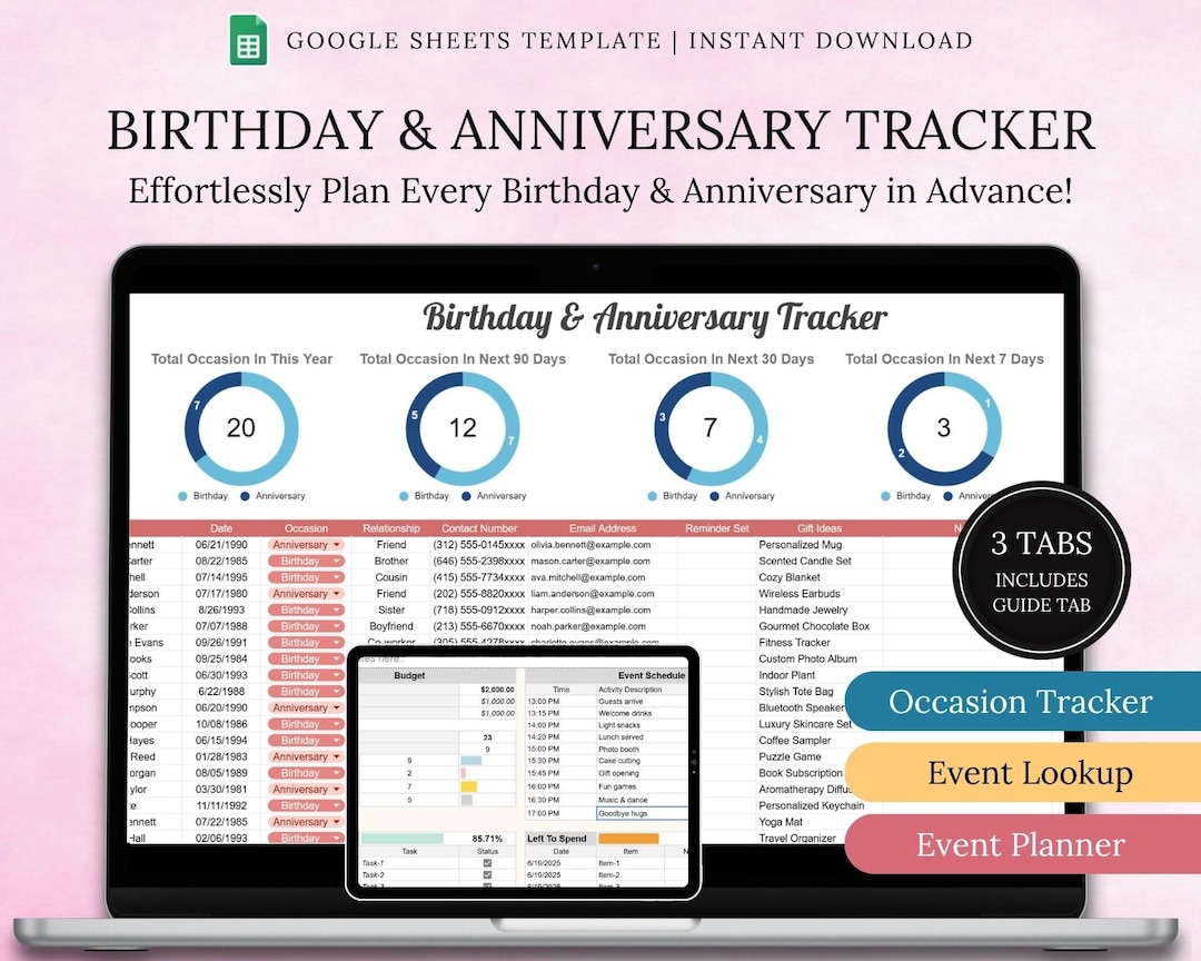 Birthday & Anniversary Tracker: Party Planner Google Sheets Template ...