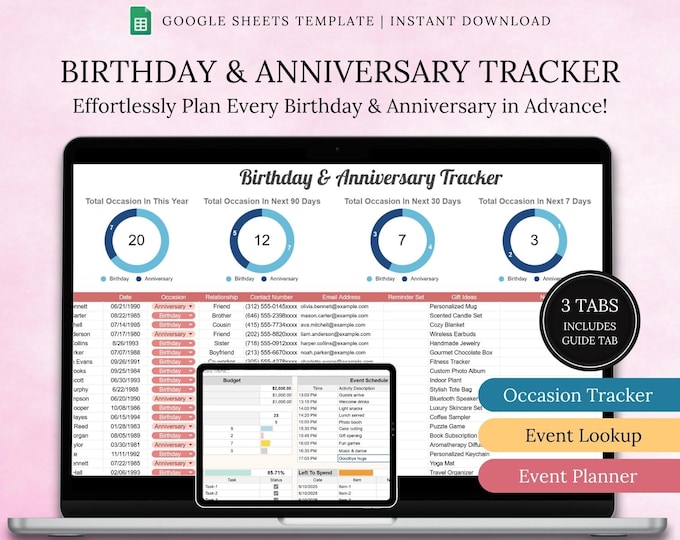 Birthday & Anniversary Tracker: Party Planner Google Sheets Template ...