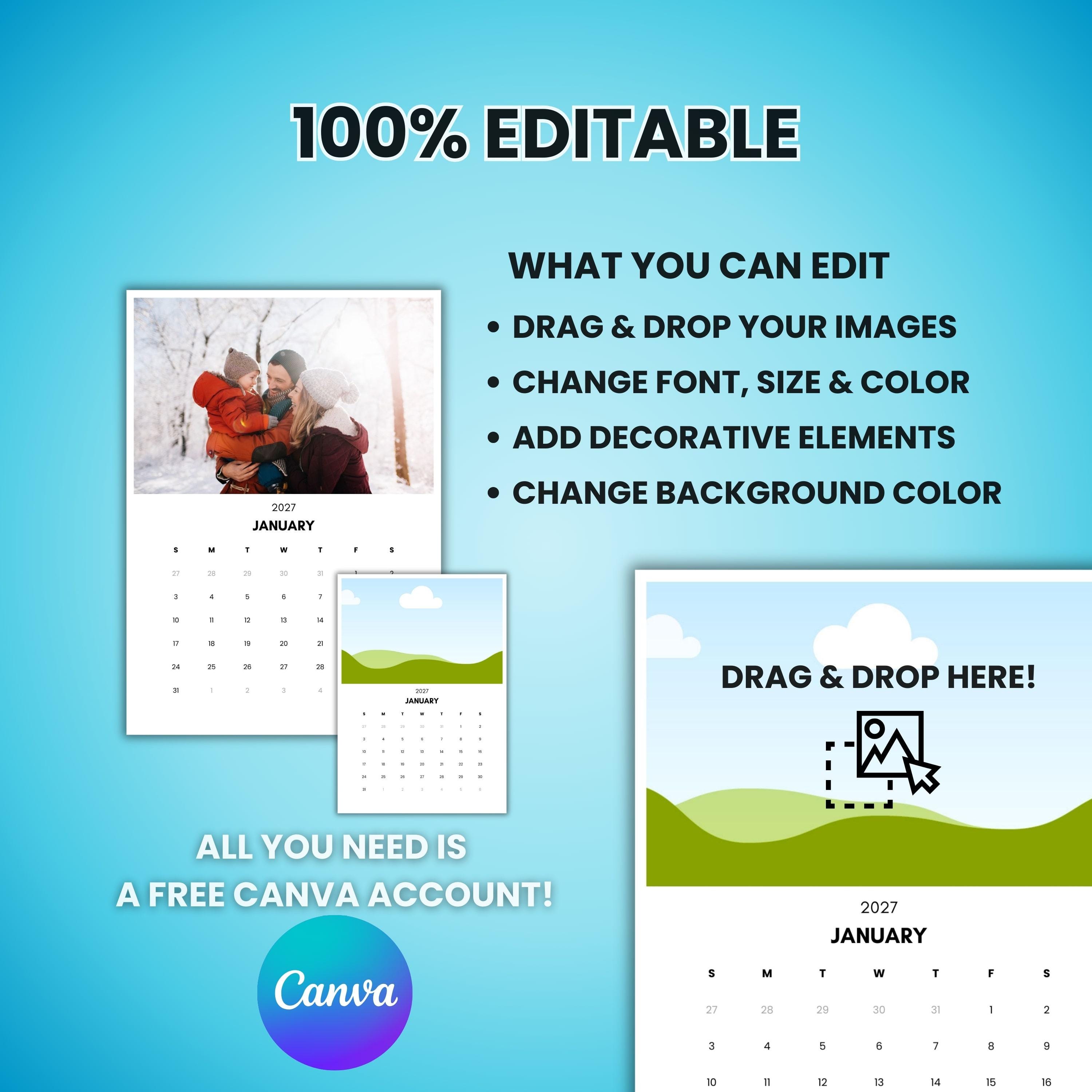 Editable 2027 Calendar, Photo Canva Templates, Custom 12 Months, Drag ...