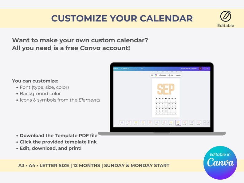2026 Printable Calendar PDF: Colorful Instant Download & Editable Canva ...
