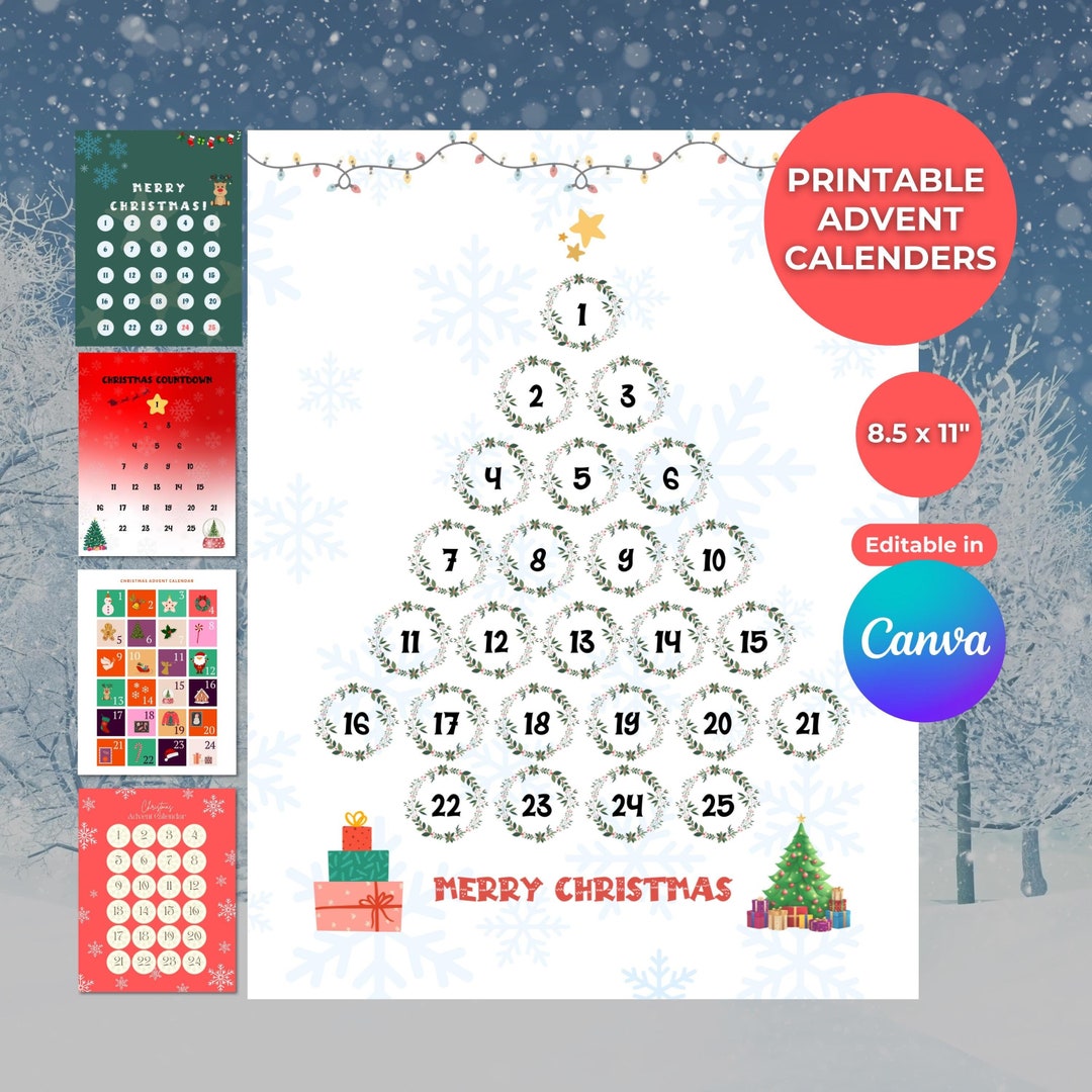 Printable Christmas Advent Calendar Bundle: Editable Canva Templates ...