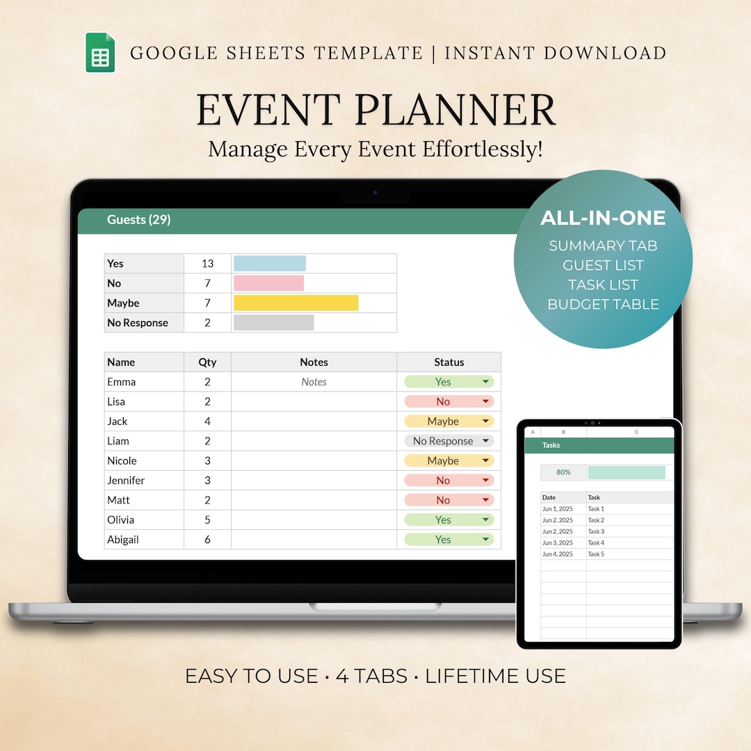 Event Planner Google Sheets Template: Party Budget, Guest List, Task ...