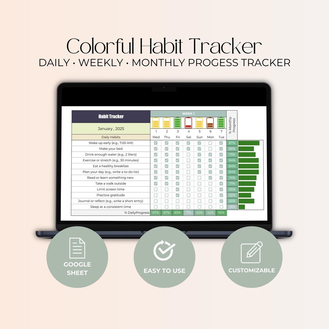 Habit Tracker Google Sheets, Monthly Goal Tracking Checklist, Weekly ...