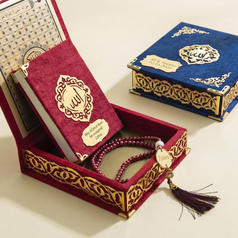 Personalized Quran Gift Set, Elegant Velvet Boxed Quran, Custom Name ...