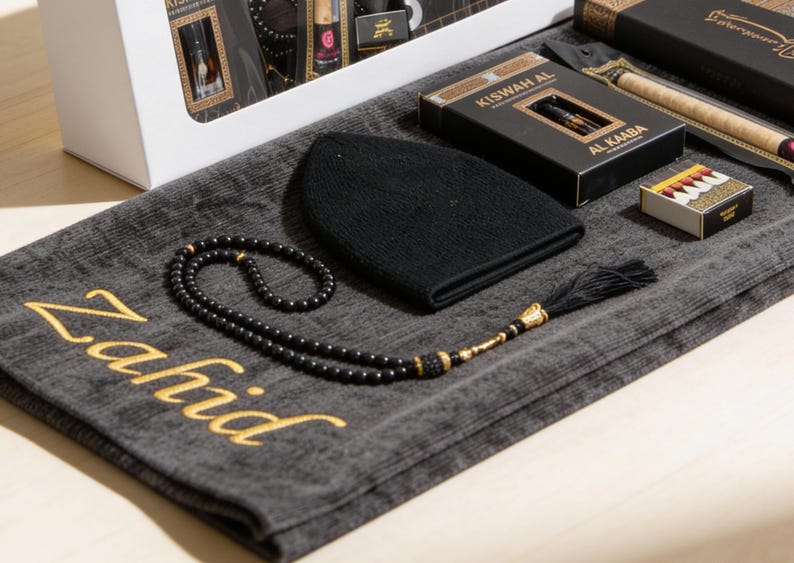 Personalized Islamic Prayer Gift Set: Quran, Prayer Rug, Beads, Kufi ...