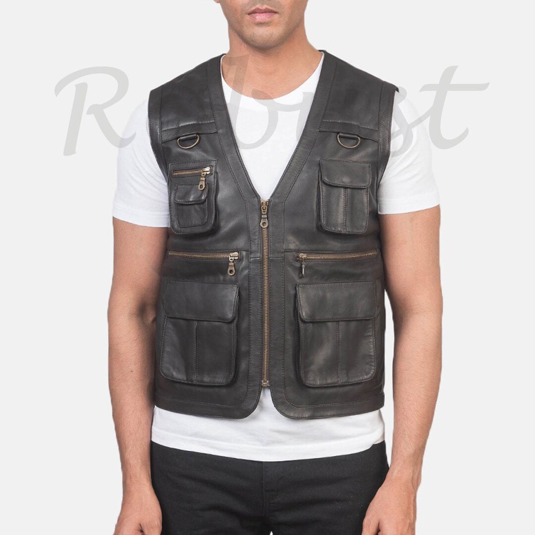 Rambo Black Leather Custom Biker Club Vest - Multi Pockets Motorcycle ...