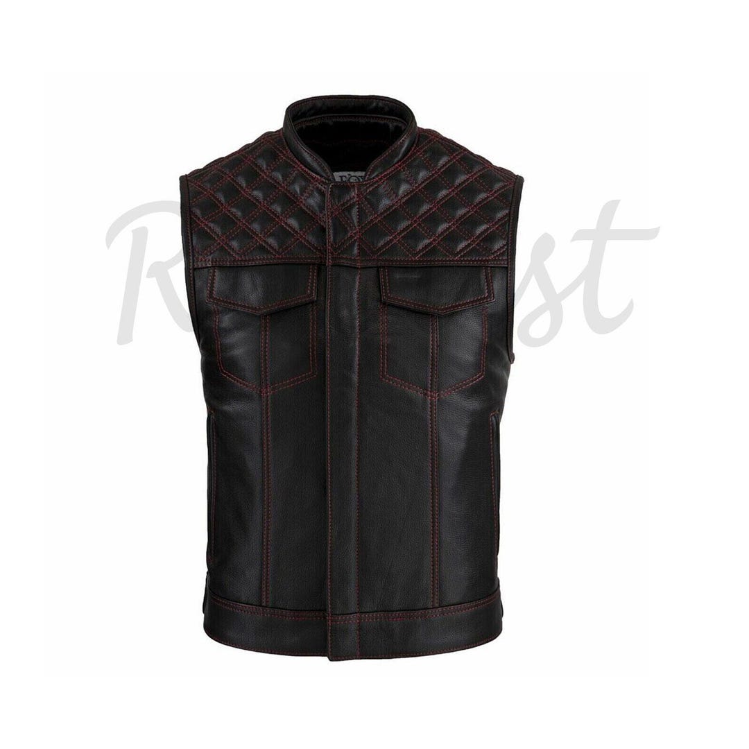 Black Leather Classic Motorcycle Vest - Personalized Club Vest, Genuine ...