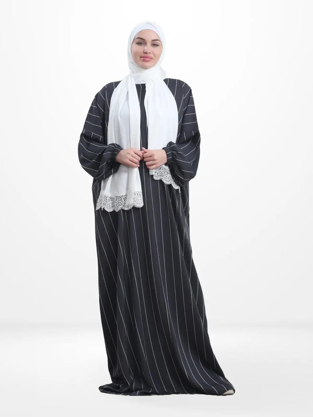 One-piece Prayer Set Dress & Abaya With Attached Hijab Striped Crepe ...