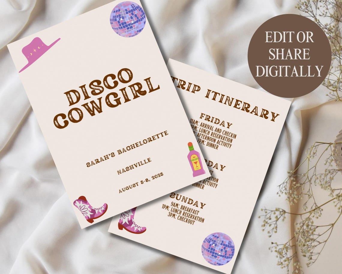 Printable Disco Cowgirl Bachelorette Itinerary Template | Editable for ...