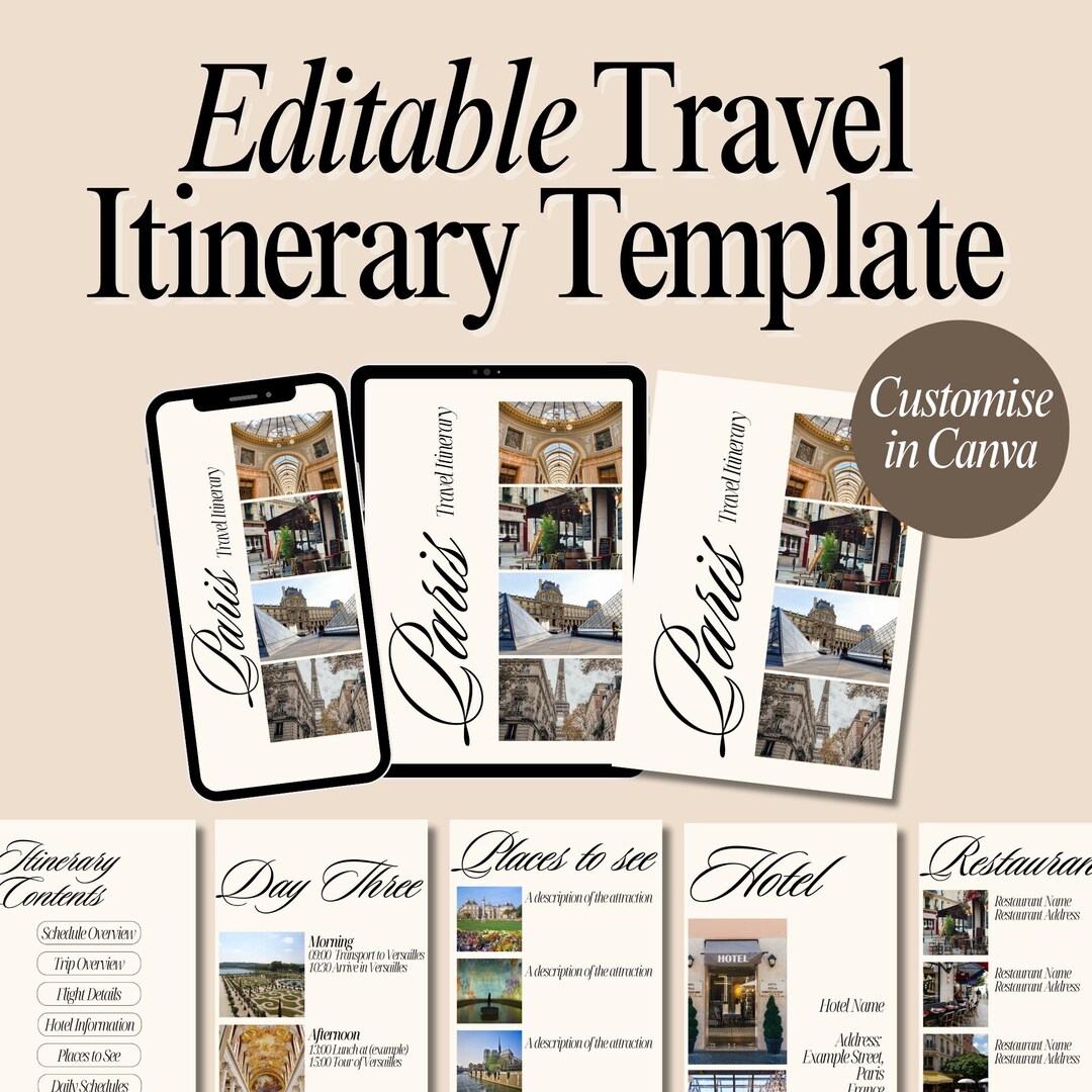 Digital Travel Itinerary Canva Template | Editable Vacation Planner PDF ...