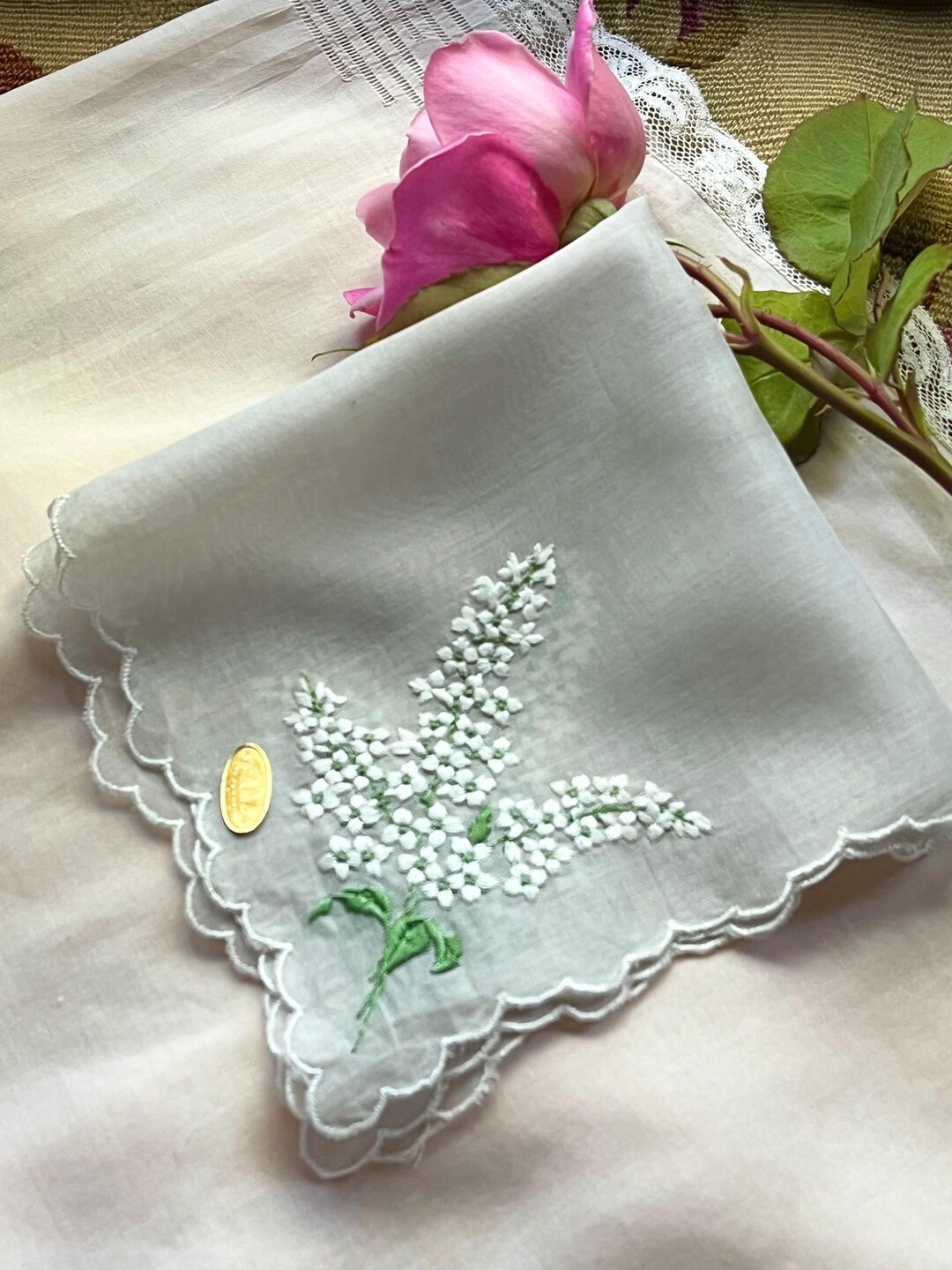 Vintage Swiss Handkerchief With Embroidered White Lilacs Original Label ...