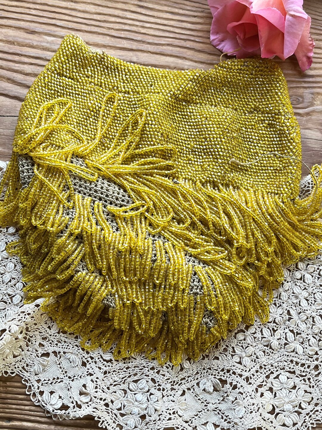 Antique Beaded Purse Flapper Style AS IS for Repairing or Reusing Glass Seed Beads in Citron ...