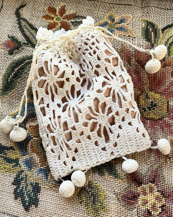 Antique Drawstring Pouch Hand Crochet with Pom Pom Ta… - Gem