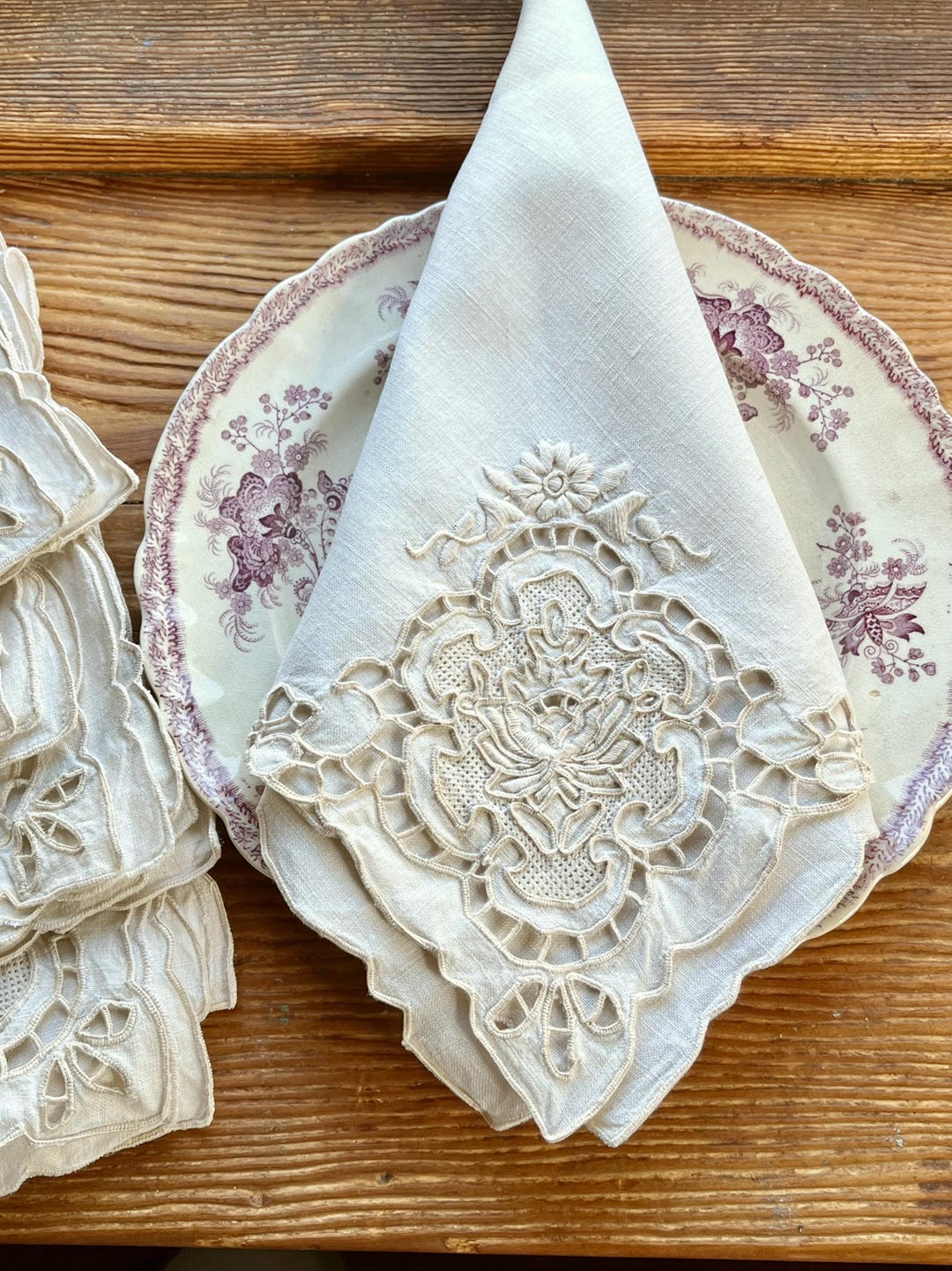 Linen Napkins Set/12 With Beige Hand Embroidery and Cutwork in Cream - Etsy