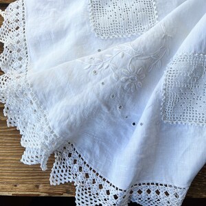 Vintage French Table Topper in White Linen Crochet and Embroidery 36 ...