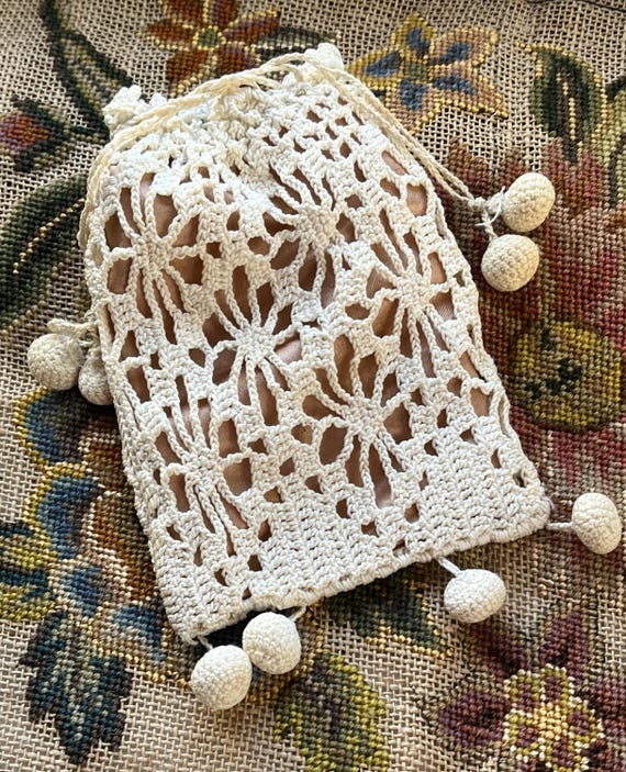 Antique Drawstring Pouch Hand Crochet with Pom Pom Ta… - Gem