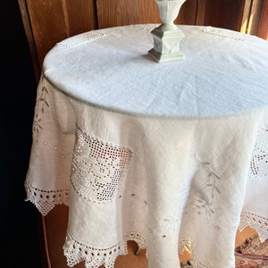 Vintage French Table Topper in White Linen Crochet and Embroidery 36 ...