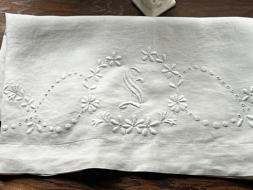 French Linen Table Runner /dresser Scarf With Embroidery and Monogram S ...