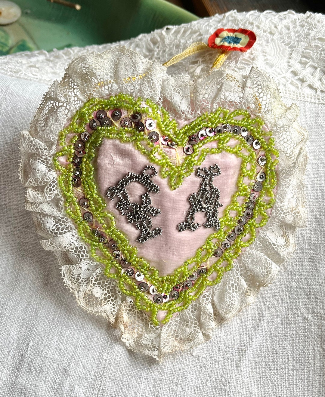 Victorian Lavender Heart Sachet With Beading and Monogram AF - Etsy