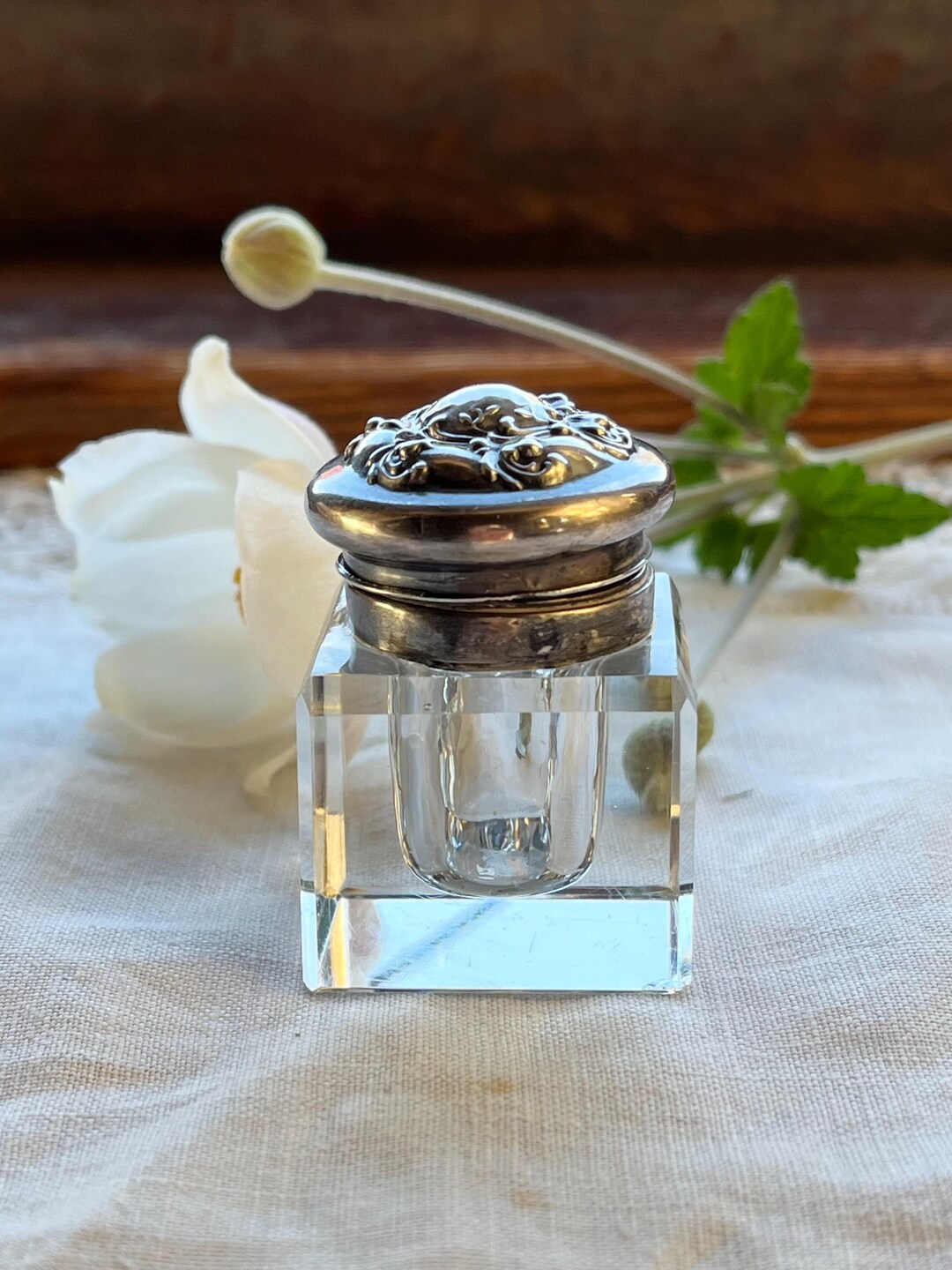 Antique Inkwell in Beveled Glass and Silver Repousse Small Size - Etsy