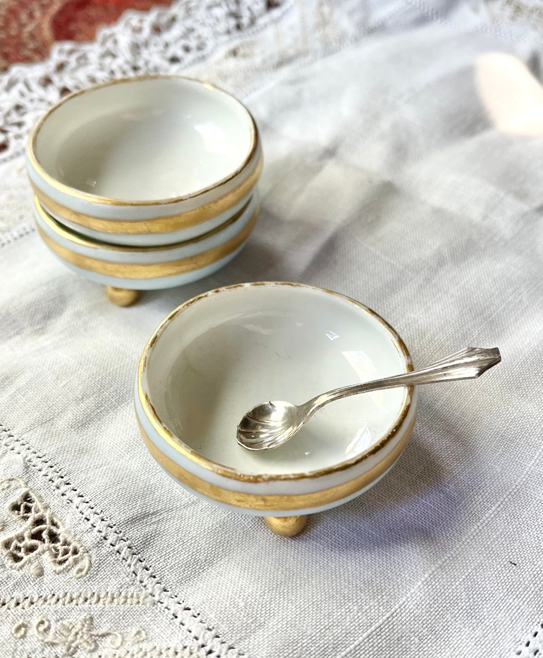 Antique Porcelain Salt Cellars in Pale Blue and Gold Monogram R Set of ...