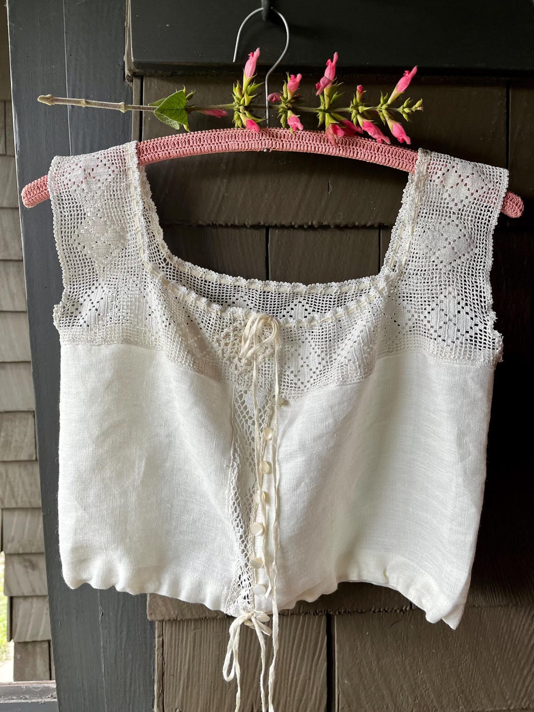 Line Crop Top With Vintage Lace and MOP Button Front in Linen One of a ...