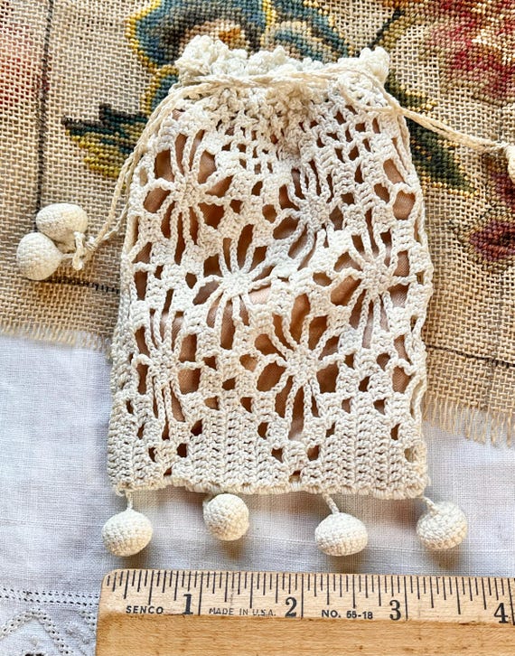 Antique Drawstring Pouch Hand Crochet with Pom Pom Ta… - Gem