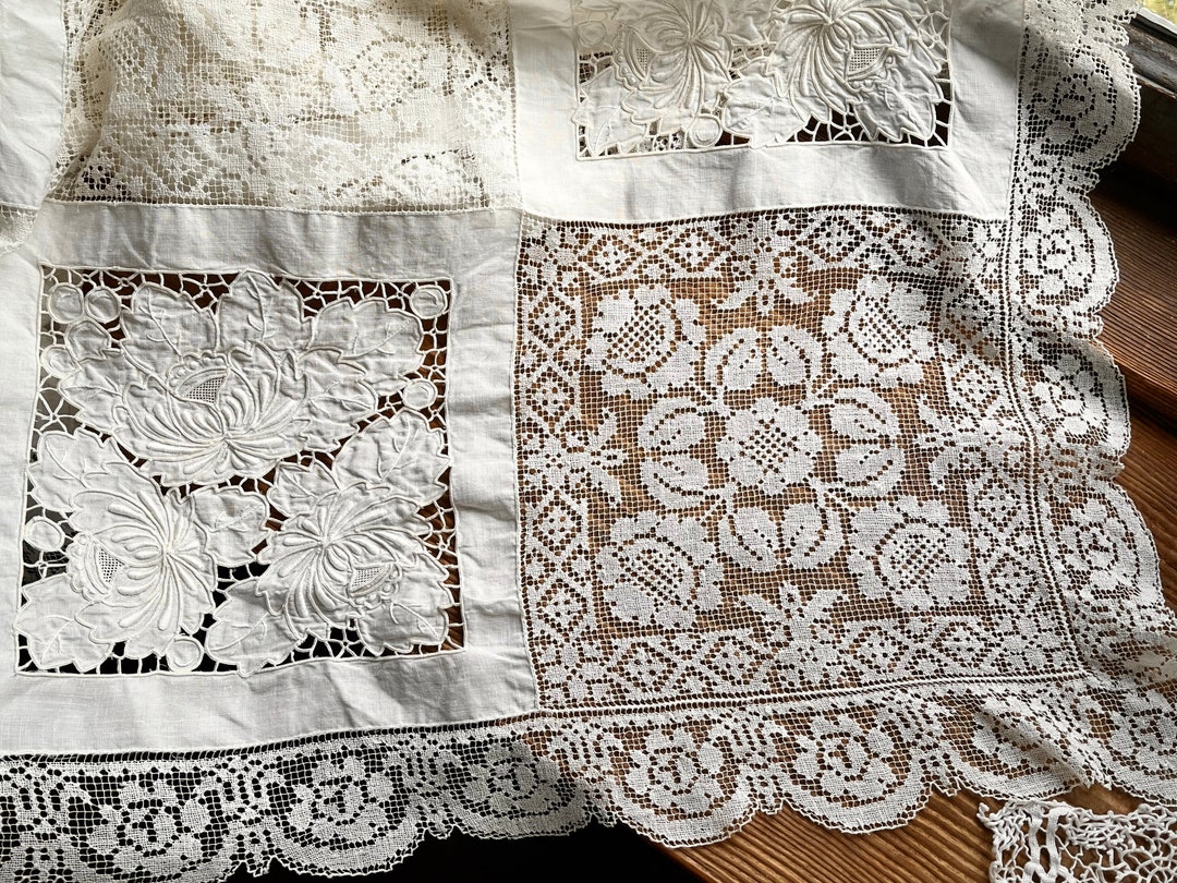 Vintage Patchwork Tablecloth Army /navy Style With Hand Cutwork ...