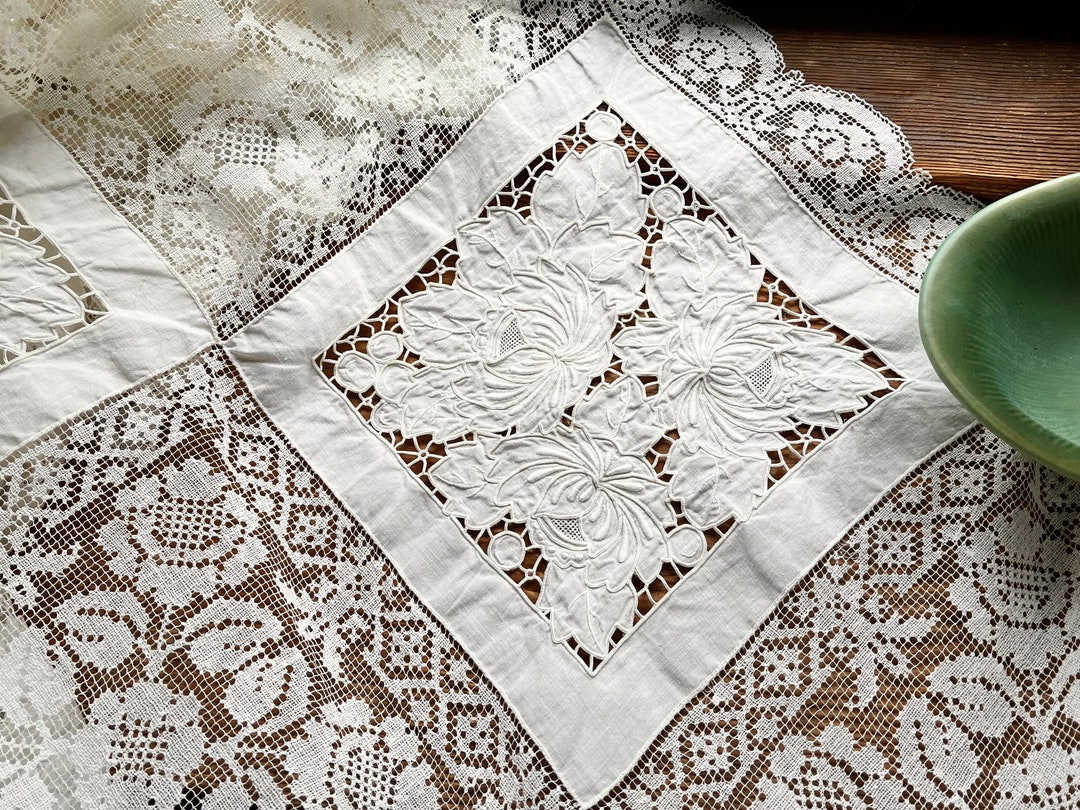 Vintage Patchwork Tablecloth Army /navy Style With Hand Cutwork ...