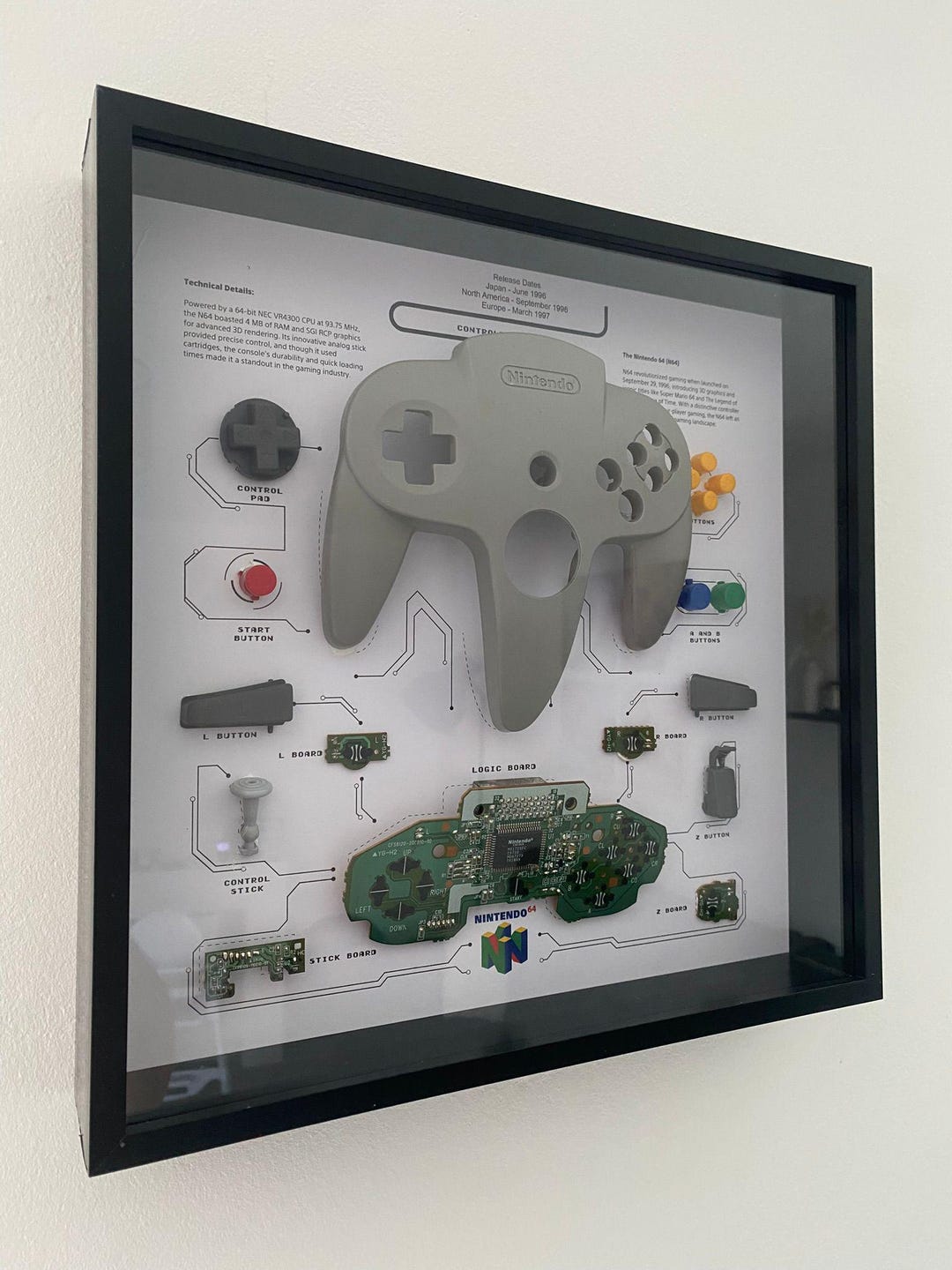 Framed Original Nintendo N64 Controller grey Exploded View Art Retro ...