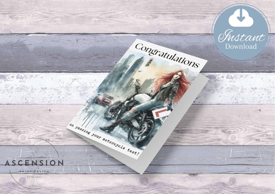 Digital Download Card | Printable Greeting Card | Female Motorbike Test ...