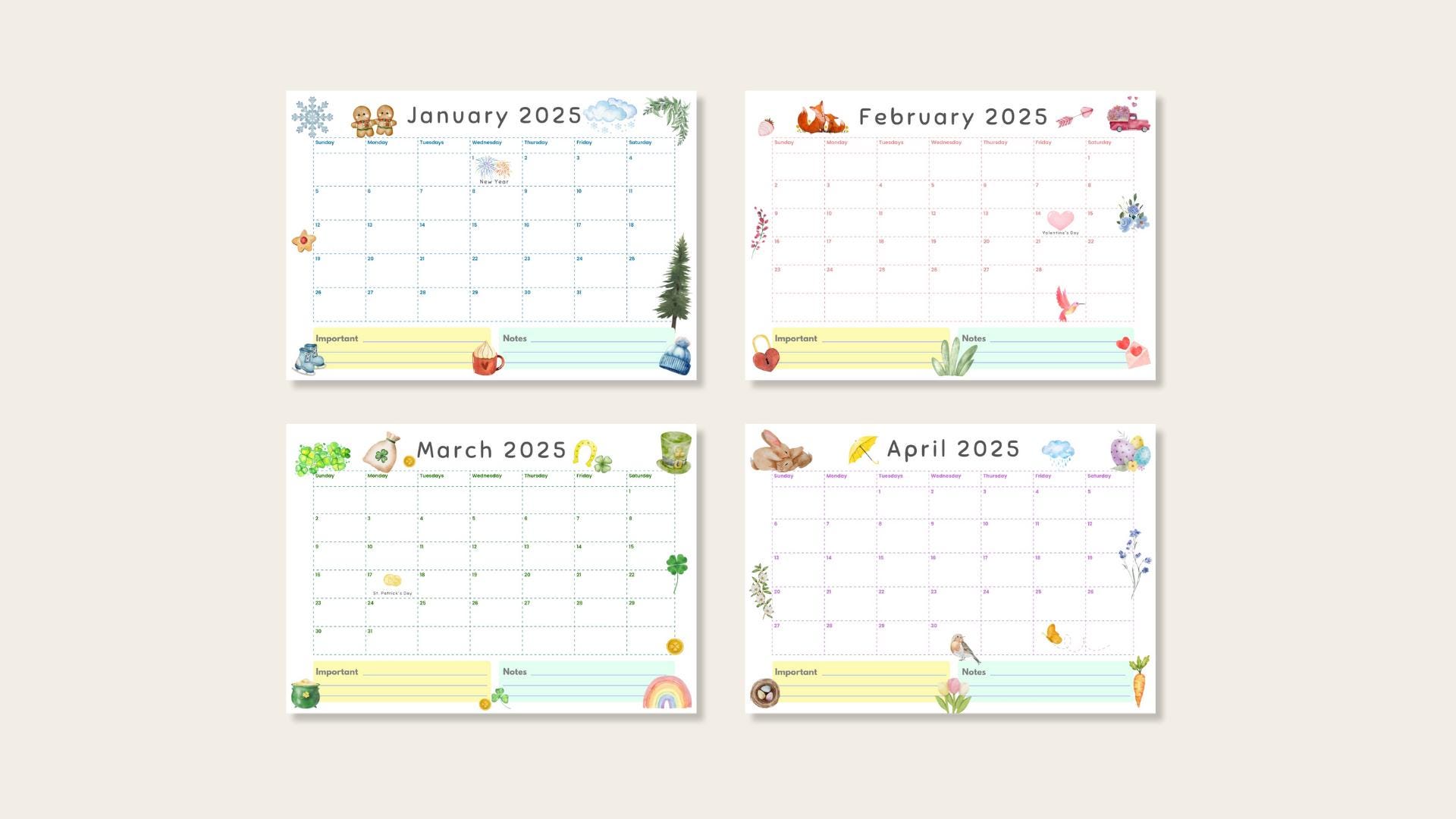 2024 Calendar for Kids - Printable and Editable, Watercolor Calendars ...