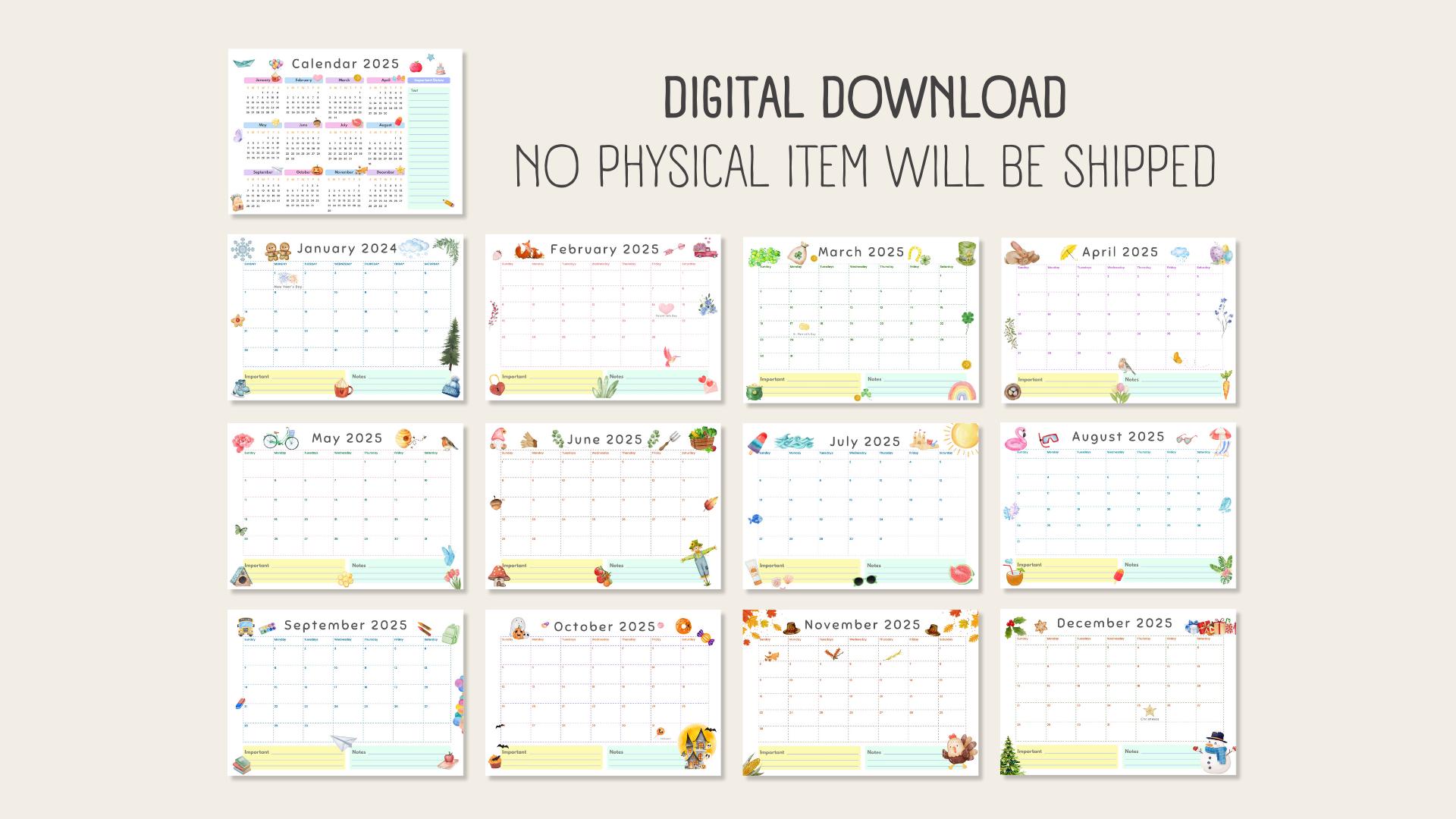 2024 Calendar for Kids - Printable and Editable, Watercolor Calendars ...