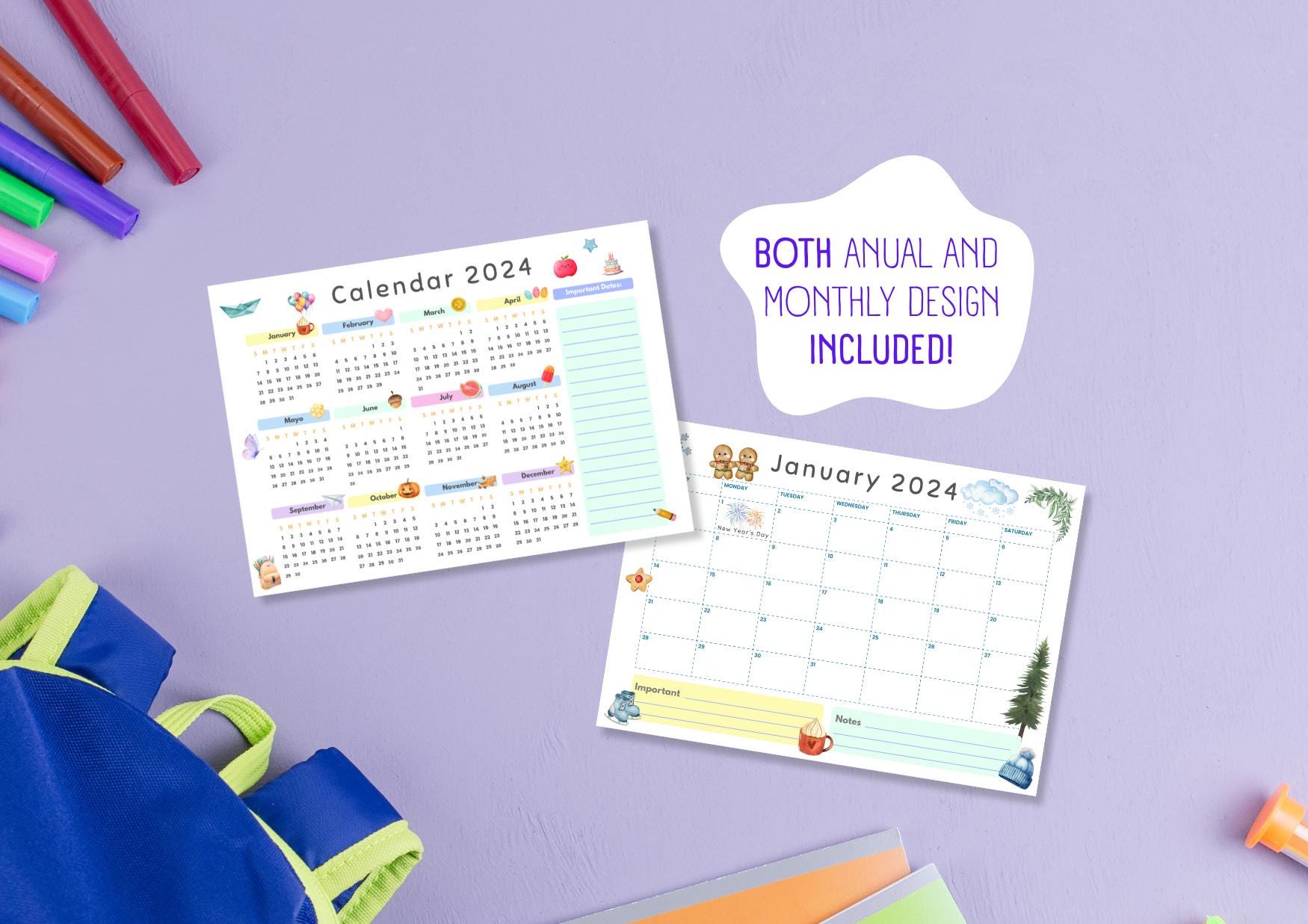 2024 Calendar for Kids Printable and Editable, Watercolor Calendars ...